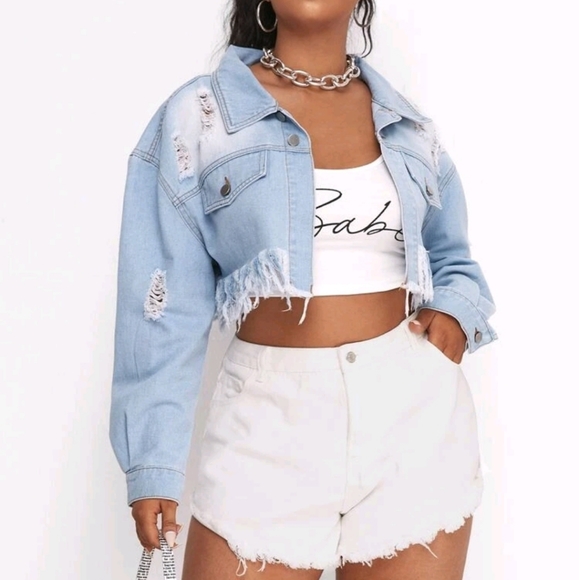 Jackets & Coats | New Plus Sz Ripped Raw Hem Denim Jacket | Poshmark